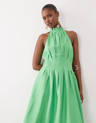 Forever New Robe mi-longue pliss&eacute;e en lin m&eacute;lang&eacute; avec dos nu - Vert
