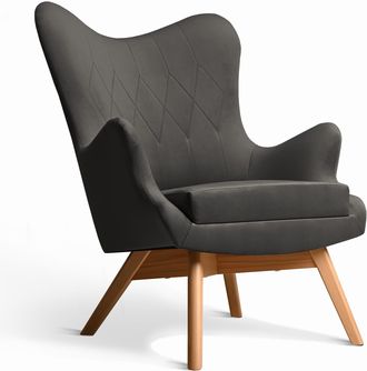 MG Design Ohrensessel aus Samt in Grau - Bequemer Polstersessel mit Holzbeinen, hoher R&uuml;ckenlehne & weichem Samtbezug f&uuml;r Wohnzimmer oder Schlafzimme