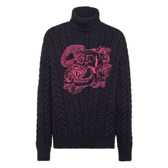 Philipp Plein Homme, Pulls, Bleu, Taille: XL Wool Comfort Cable Knit Turtleneck LS Skull