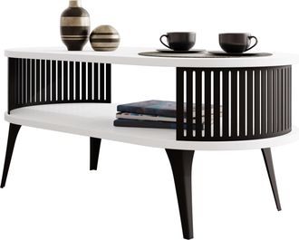 Mirjan24 Couchtisch mit Ablage Rajkon, Ovale Form, Metallbeine, Kaffeetisch, Wohnzimmertische, Beistelltisch, Sofatisch, Teetisch (Arktisches Weiß, Schwarz)