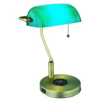 Globo Lighting Schreibtischleuchte Bankerlampe Tischlampe altmessing Glas gr&uuml;n, kabelloses Laden USB Anschluss, Zugschalter, Fernbedienung, 1x RGB LED 4,8W 470Lm, Lx