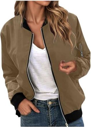 Generic Veste Femme Chic Et Elegant Veste d&eacute;contract&eacute;e zipp&eacute;e mode pour femme manteau l&eacute;ger confortable parfait tous les jours (Khaki, L)