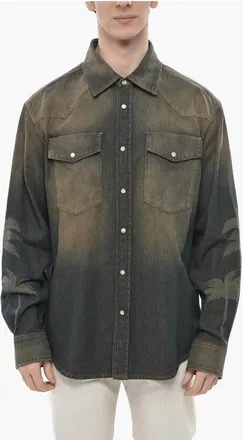 Palm Angels Vintage-Washed Denim Shirt With Palm Motif size Xxl