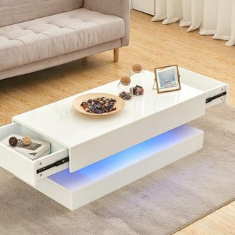 Ainpecca Table basse haute brillance avec 2 tiroirs table de canap&eacute; rectangulaire avec lumi&egrave;re LED RGB salon