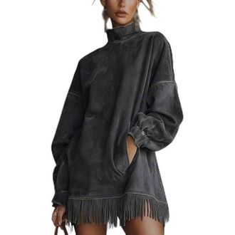 Generic Mini robe ample en daim synthétique avec ourlet à franges et poches pour femme, Noir, XXL