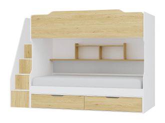 Vente-Unique Etagenbett mit Stauraum - 90 x 190 cm - Wei&szlig; & Holzfarben - Yalova