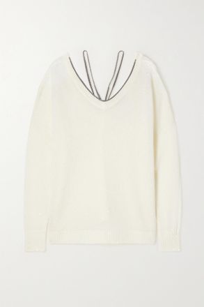 Brunello Cucinelli Pull En Lin Et Soie M&eacute;lang&eacute;s &Agrave; Cristaux - Blanc