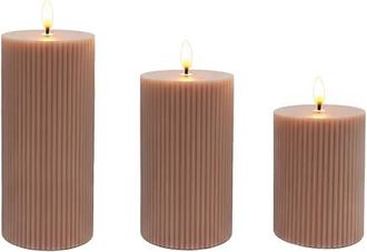 Relaxdays LED Kerzen, 3er Set, 3 Gr&ouml;&szlig;en, flackernde Flamme, Echtwachs, mit Rillen, flammenlose Elektrokerzen, Altrosa