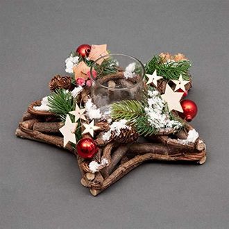 Shatchi Kerzenhalter aus Holz, Sternform, Tischdekoration, Weihnachten, Ferienhaus, verziert mit roten/silbernen Kugeln, Beeren und Kegeln (34 cm/24 cm), Holz