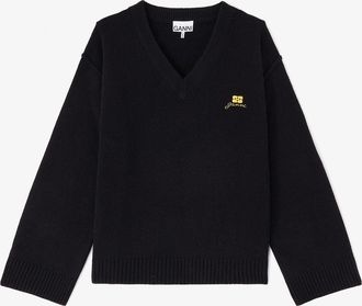 Ganni schwarz Pullover aus einer Wollmischung mit V-Ausschnitt Wolle - Gr&ouml;&szlig;e XXS