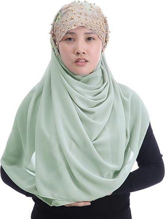 Lina & Lily Hijab Foulard Femme Musulmane en Mousseline de Soie avec Paillettes Perles Dor&eacute;es (Vert Menthe)