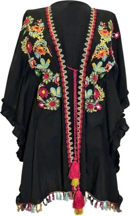 Miss Bikini Femme, Maillots de bain, Noir, Taille: ONE Size Poncho Boh&egrave;me Brod&eacute; et &agrave; Pompons