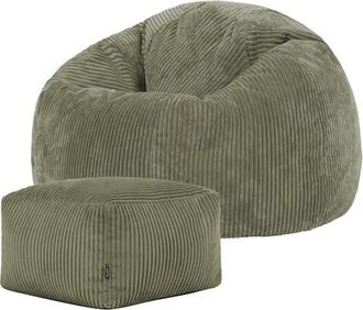 Icon Brand Kingston Sitzsack mit Hocker Cord, Salbeigr&uuml;n, Sitzsack Erwachsene mit F&uuml;llung, Bean Bag, Cord Sessel, Lounge Sessel, Lounge Stuhl, Schlafzimmer, Wohn