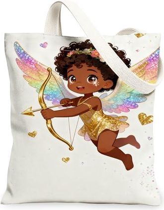 Generic Sacs fourre-tout en toile avec motif ange, motif ch&eacute;rubin, coeur, r&eacute;utilisable, fantaisie, l&eacute;ger et lavable en toile pour T, blanc, 13x15 Inch