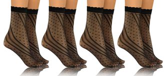 Sesto Senso Damen Feinsöckchen 4 Paar Rüschen Muster Transparente Spitze Strumpfsöckchen Schwarz 03 Punkte und Linien