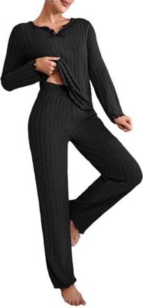 Generic Pyjama confortable pour femme, ensemble de pyjama en tricot côtelé à manches longues, ensemble Co Ord pour femme, ensemble complet de survêtement 2 pi