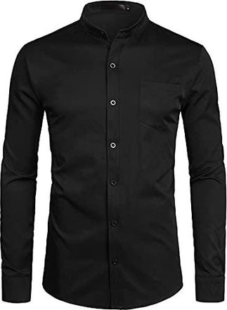 PARKLEES Chemise élégante à col grand-père pour homme, coupe ajustée, manches longues, boutonnée, avec poche, Noir, XL
