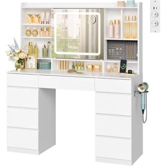 Woltu Coiffeuse avec Miroir LED Coulissant, Grande Coiffeuse avec 9 Tiroirs, Luminosit&eacute; R&eacute;glable, en Bois, Blanc