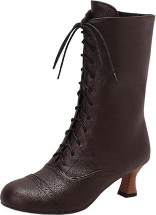 Generic Bottes &agrave; lacets pour femme - Bout rond - &Eacute;l&eacute;gantes - Style r&eacute;tro - Couleur unie - Similicuir - Confortables - Pour le bureau et les f&ecirc;tes, marron, 39.