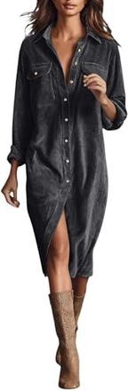 Generic Robe chemise longue en velours c&ocirc;tel&eacute; pour femme - Robe chemise marron pour femme, chemises boutonn&eacute;es, manches longues avec col et poches, robes midi