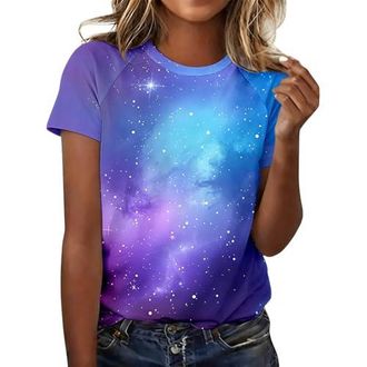 Generic T-shirt imprim&eacute; galaxie pour femme, manches courtes, raglan, col rond, haut d&eacute;contract&eacute; pour un quotidien confortable et des tenues &eacute;l&eacute;gantes, bleu ci