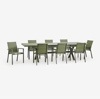 Sklum Karena rechteckiges ausziehbares Tischset 240-300x100 cm und 8 stapelbare Gartenst&uuml;hle mit Aluminiumarmlehnen Tiefes Gr&uuml;n Olive - Sklum