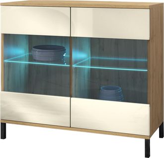 Vladon Kommode Bari V3, Moderner Küchenschrank mit 2 großen Glastüren inkl. RGB Beleuchtung Eiche Evoke/Creme Hochglanz (92,5 x 83.5 x 35)