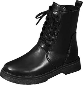 Generic Bottines Femme &agrave; Lacets en Cuir PU Bottes Courtes R&eacute;tro Slim &Agrave; Bout Rond Plates Style Britannique R&eacute;tro &Eacute;l&eacute;gantes Boots Semelle Antid&eacute;rapante Casual C