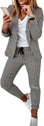 Onsoyours Tailleur 2 Pièces Femme Ensemble Blazer et Pantalon OL Couleur Unie Slim Fit Costume Bureau Revers et Pantalon Habillé Bureau Affaires A Gris M