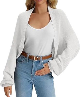 Generico Boléro - Cardigan court en tricot à lavant ouvert - Veste courte en tricot à manches longues - Veste légère décontractée de couleur unie, blanc, XL