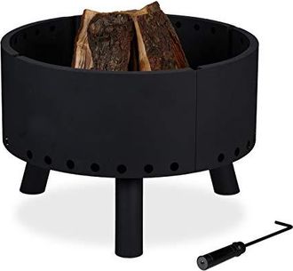 Relaxdays Feuerschale, Hitzeschild, Schürhaken, hoher Rand für Flammenschutz, Feuerkorb, HxD: 40,5 x 58,5 cm, schwarz