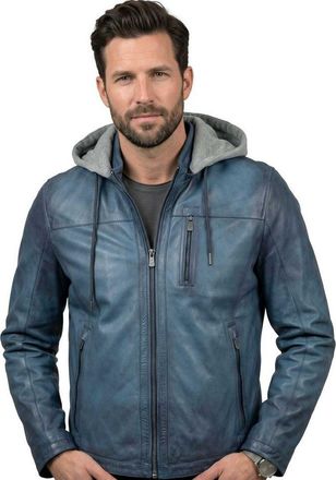 Jilani Lederjacke Cody Jilani - Herren Lederjacke Kapuze Lammnappa blau