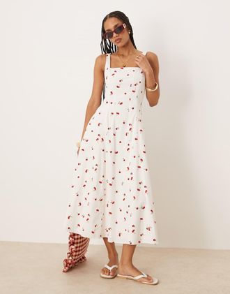 Abercrombie & Fitch Robe mi-longue fluide &agrave; imprim&eacute; cerises-Rouge