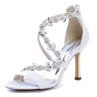 Generic Chaussures De Mariée Femmes Aiguille Talon Heel Ouvert Bout Dress Satinée Hauts Sandales Mariage Chaussures 9.5 CM,Blanc,40 EU