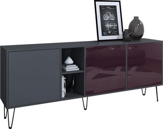 Vladon Sideboard Havana, TV-Schrank mit 3 Türen und 2 offene Fächer, Kommode Made in Germany, Anthrazit matt/Brombeer Hochglanz (181,5 x 73 x 35 cm)