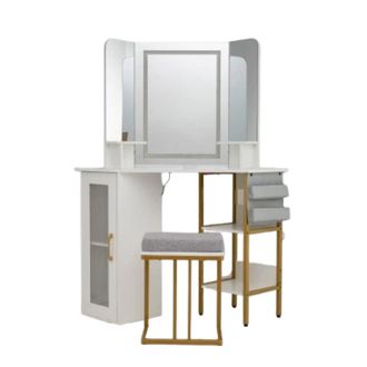 Giantex Eck Schminktisch mit verstellbaren LED-Beleuchtung, Frisiertisch mit 3-Fach Spiegel, Steckdosen & Vielseitiger Stauraum, Kosmetiktisch Holz mit Hocker