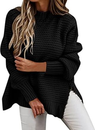 Generic Pull avec fente lat&eacute;rale pour femme - Col roul&eacute; &eacute;pais - Pull surdimensionn&eacute; &agrave; manches longues - Pull chaud et ample - Chauve-souris - Grande taille, N