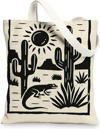 Generic Sacs fourre-tout en toile vintage, motif cactus rustique, sacs dépicerie réutilisables, légers et lavables avec bandoulière en toile Ba, beige, 13x15 