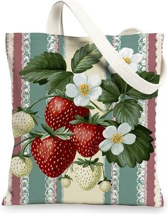 Generic Sacs fourre-tout en toile motif fraise, sacs à provisions réutilisables, élégants, rétro, légers, lavables, multicolore, 13x15 Inch