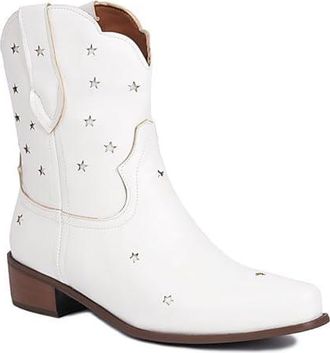 Generic Bottines de cowgirl à mollet large pour femme avec étoiles creuses à bout carré talon bloc à enfiler Chaussures western vintage, blanc, 37.5 EU