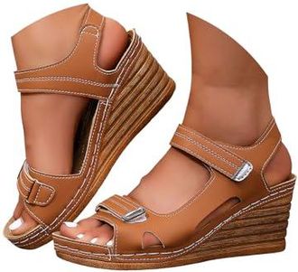 Generic Sandales compens&eacute;es orthop&eacute;diques pour femme 2025 - Sandales d&eacute;t&eacute; habill&eacute;es en li&egrave;ge - Bout ouvert - Sangle de cheville - Style boh&egrave;me - Confortables 