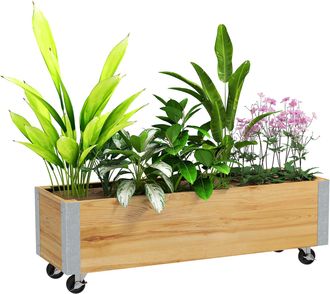 OUTSUNNY Blumenkasten auf Rollen - rechteckiger Blumenkasten - Bew&auml;sserungseins&auml;tze, inkl. Drainagefilz - Metall Massivholz, Naturholz