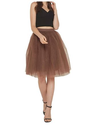 Minetom Damen T&uuml;llrock Rockabilly Tutu Rock Hohe Taille Ballett Unterrock Kurz Petticoat Vintage Karneval Party Knielang Unterrock Skirt Kaffee S