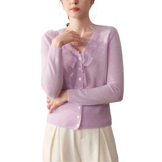 Generic Cardigan ouvert &agrave; col en V en dentelle cachemire pour femme, Violet Taro, S