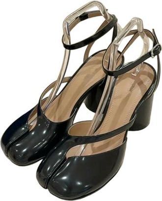 Generic YUJIEBB Style Mode Cuir Verni Bout fendu Femmes Escarpins Printemps &Eacute;t&eacute; Tabi Chunky Talons Hauts Chaussures Sandale, Noir, 39.5 EU