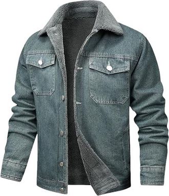 Generic Veste de camionneur pour homme, coupe ajust&eacute;e, doublure en polaire, manteau dhiver en denim, d&eacute;contract&eacute;, chaud, v&ecirc;tements dext&eacute;rieur &eacute;l&eacute;gants, bleu, 