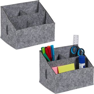 Relaxdays Schreibtisch Organizer, Filz, 2er Set, 3 Fächer, H x B x T: 14 x 18 x 14,5 cm, Ordnungssystem fürs Büro, grau