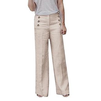 Generic Pantalon Lin Femme Blanc D&eacute;contract&eacute; Fluide Pantalon Large en Coton et Lin pour Femmes Couleur Unie Taille Haute Bouton D&eacute;contract&eacute; Vetement Femme Lar