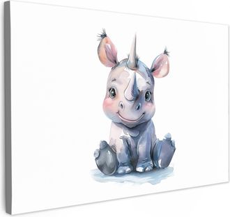 MuchoWow &copy; Leinwand 120x80 cm Deko Schlafzimmer Aesthetic Leinwandbilder Kinderzimmer M&auml;dchen Gem&auml;lde Foto Geschenk Living Room Decoration Rhinozeros - Aquarel