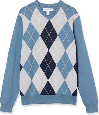 Amazon Essentials Herren Pullover-Pullover Mit V-Ausschnitt (Erhältlich In Groß und Schwer), Blau Rauten, XXL